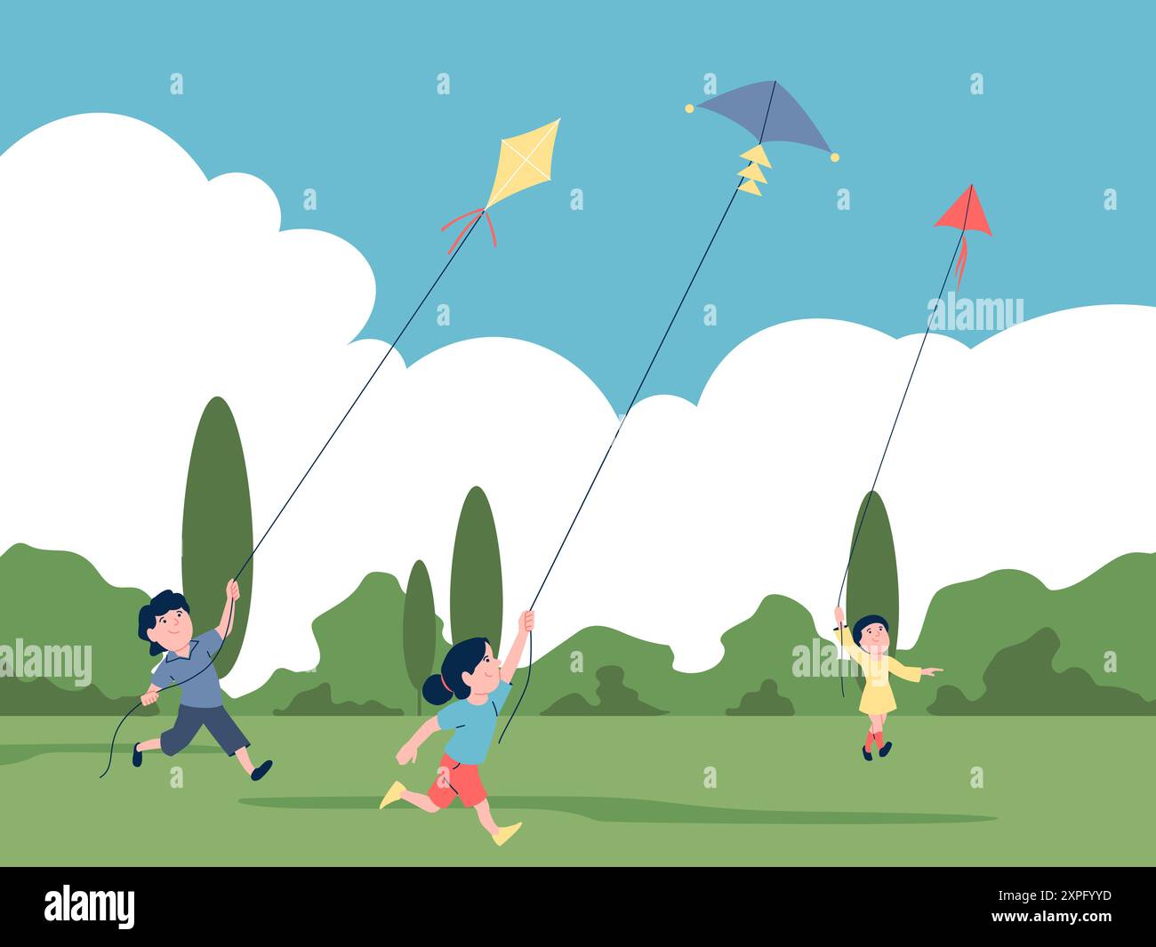 Children play with flying kite. Cute joyful kids run in park with air ...