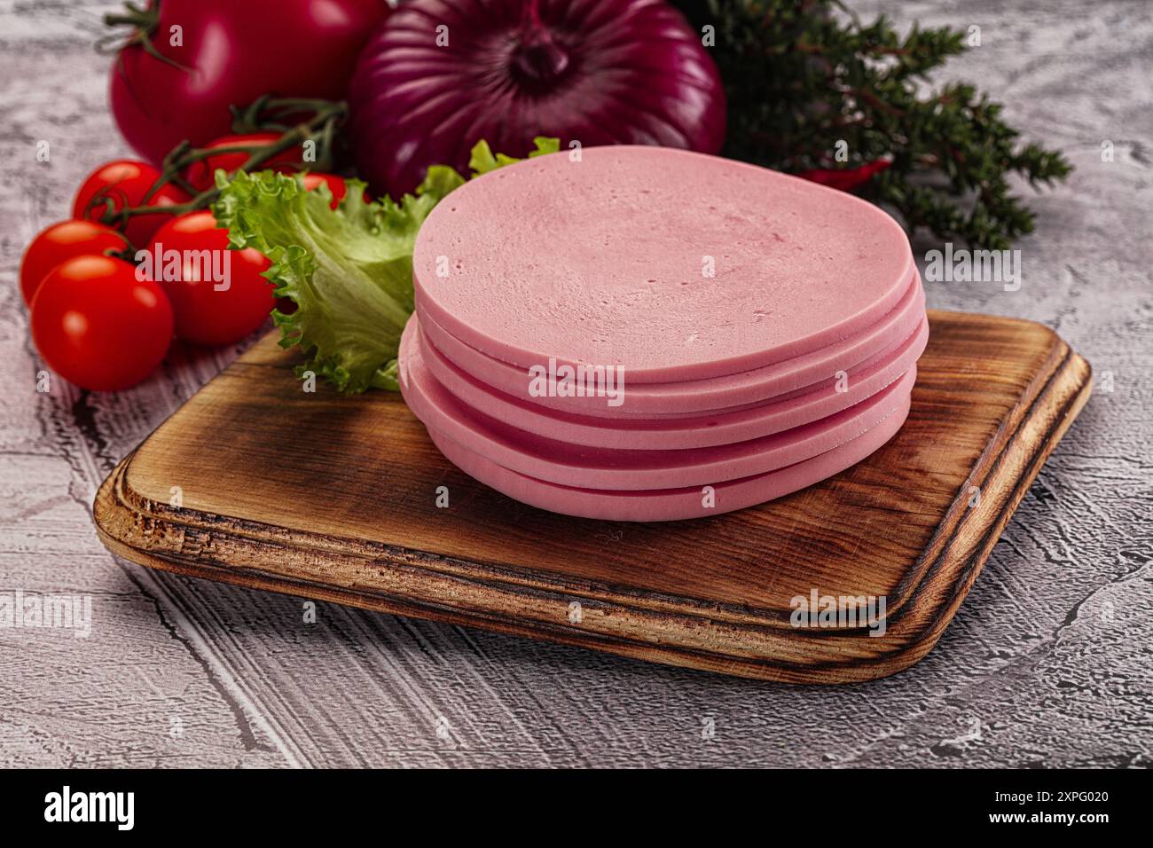 Boiled pork sliced sausage stack for breakfast Stock Photo - Alamy