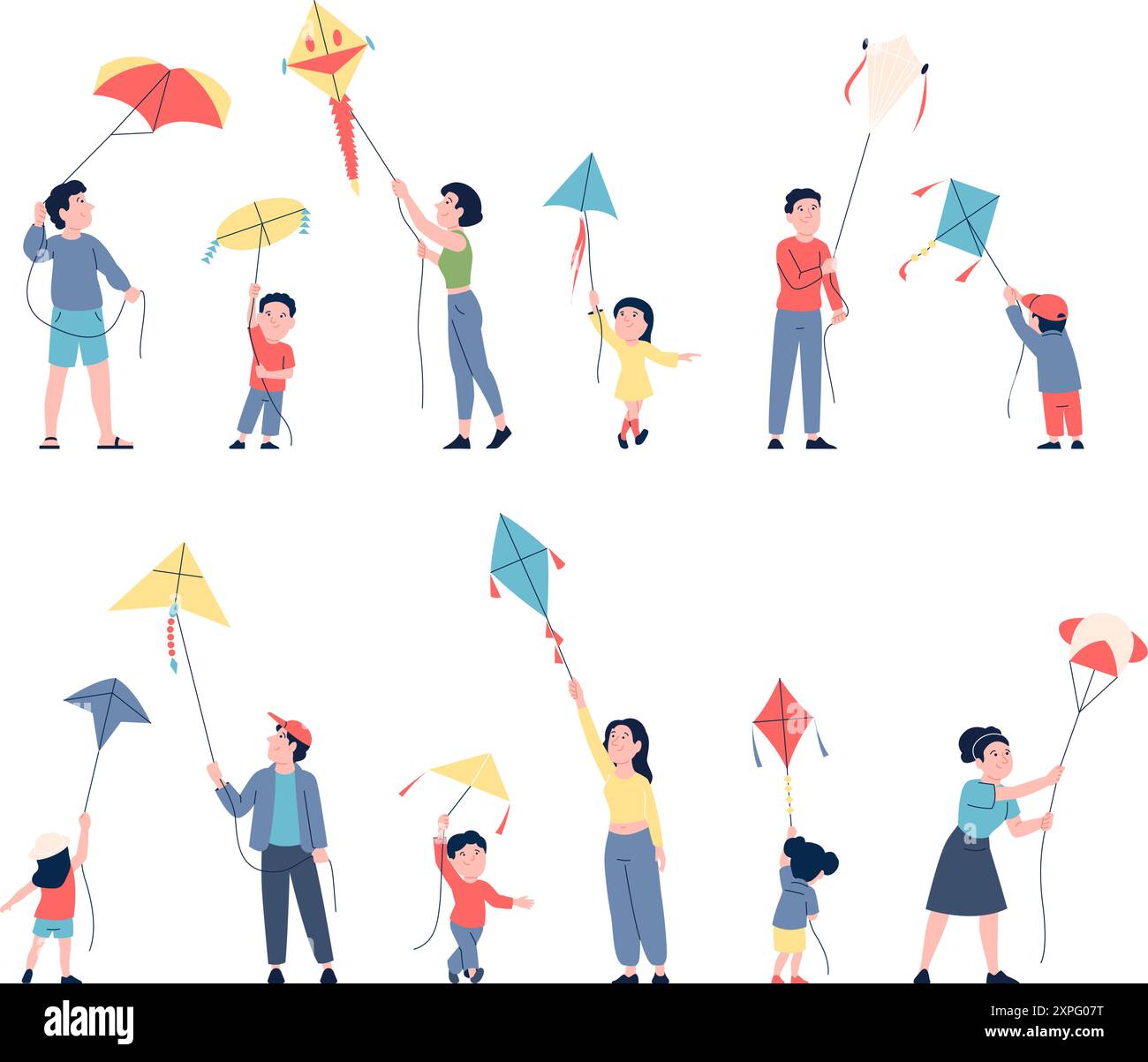 People and flying kite. Adults and children playing with kites on air ...