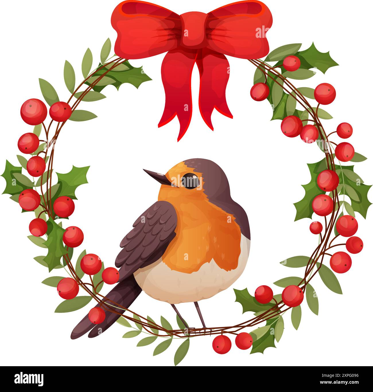 Robin bird with wreath and baw cute little bird character on branch ...