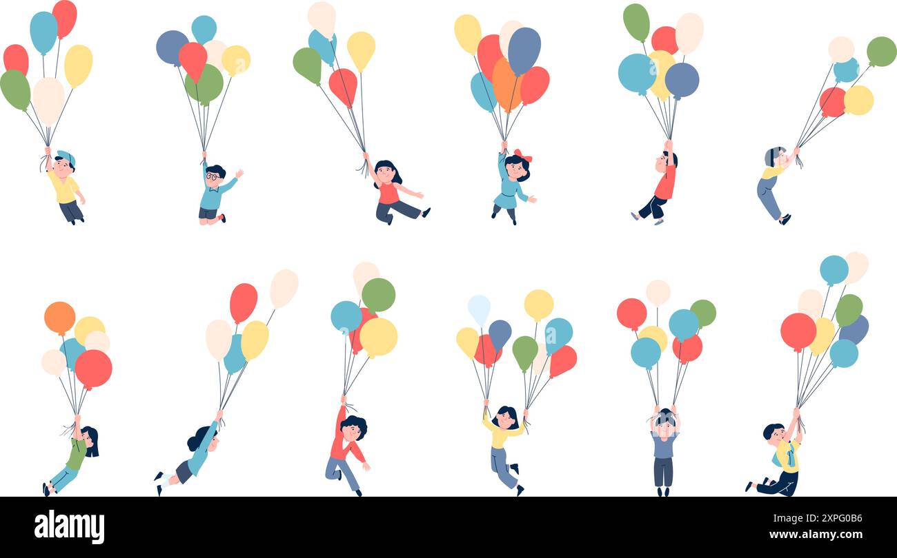 Children flying with balloons. Happy kids soaring with colorful balloon ...