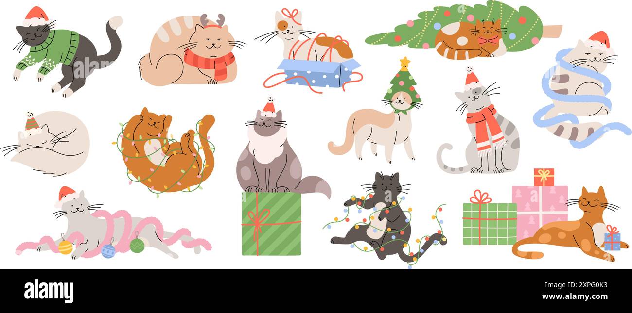 Cartoon christmas cats. Cute cat wear xmas costumes, play with garland ...