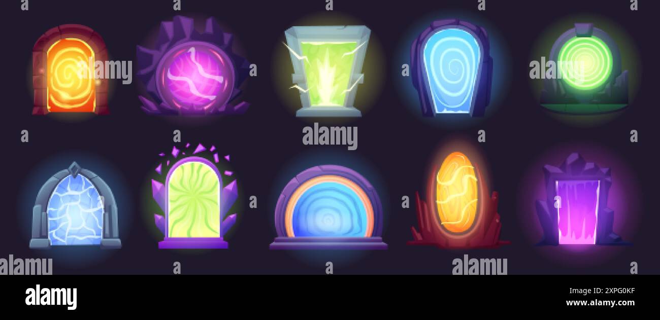 Cartoon magic portals. Fantasy teleports for games, magical light ...