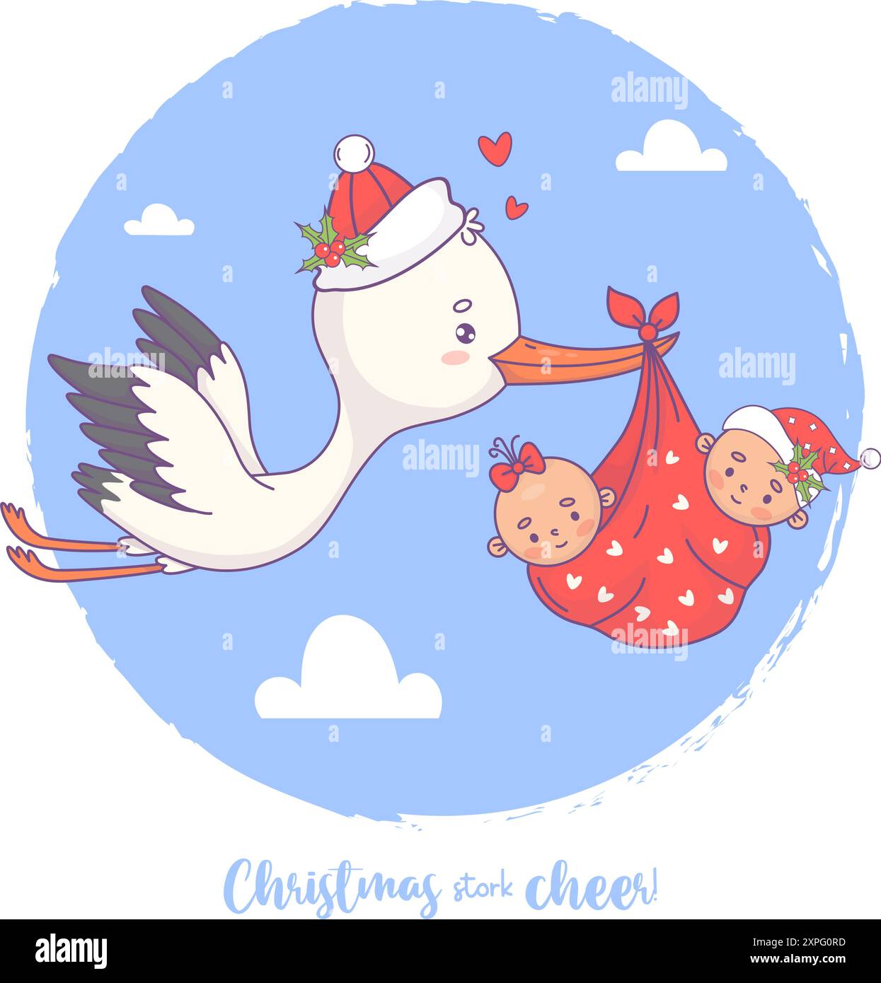 Christmas cute flying white stork and two twin babies girl and boy in ...