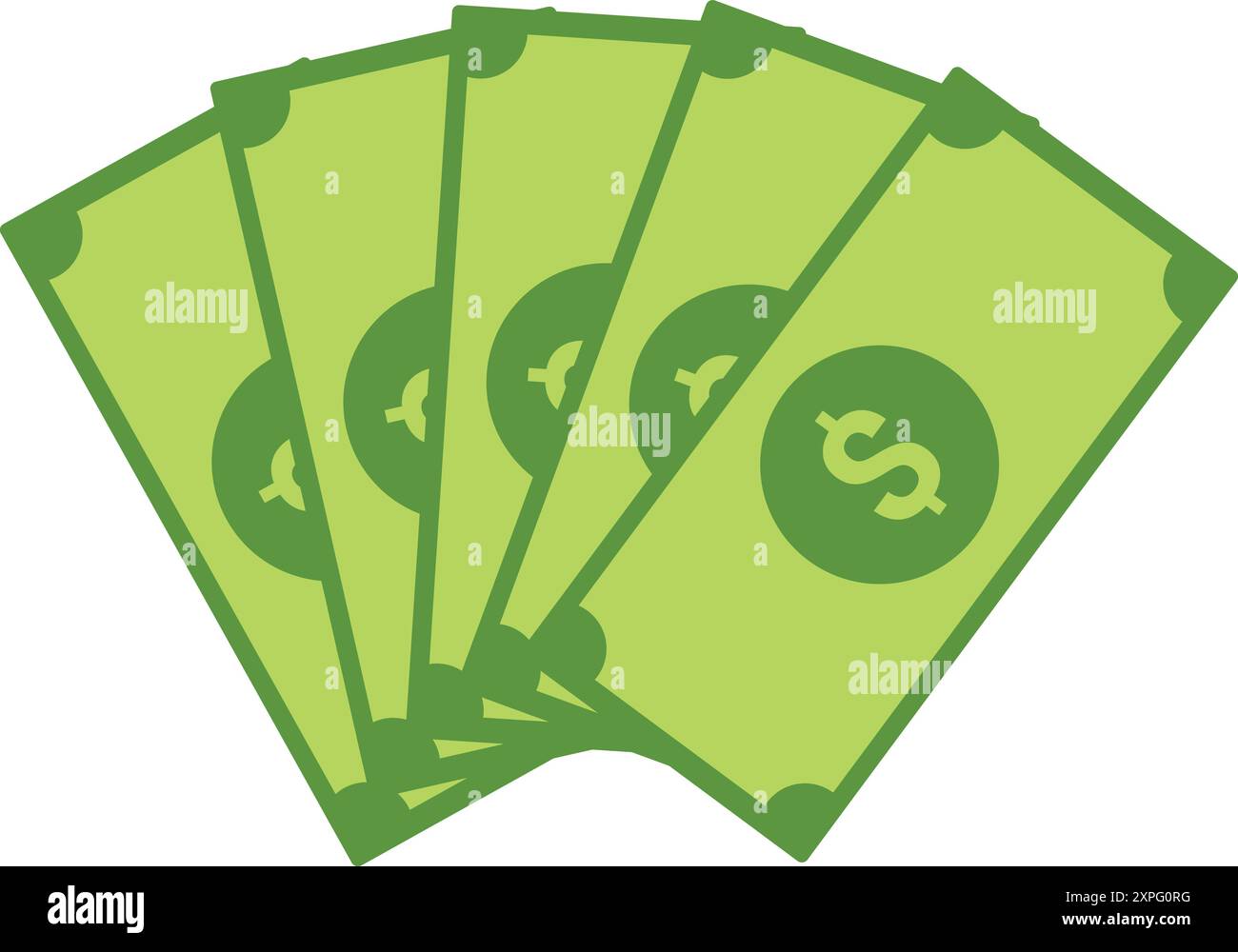 Stack of five green bills is spreading out showing the dollar symbol ...
