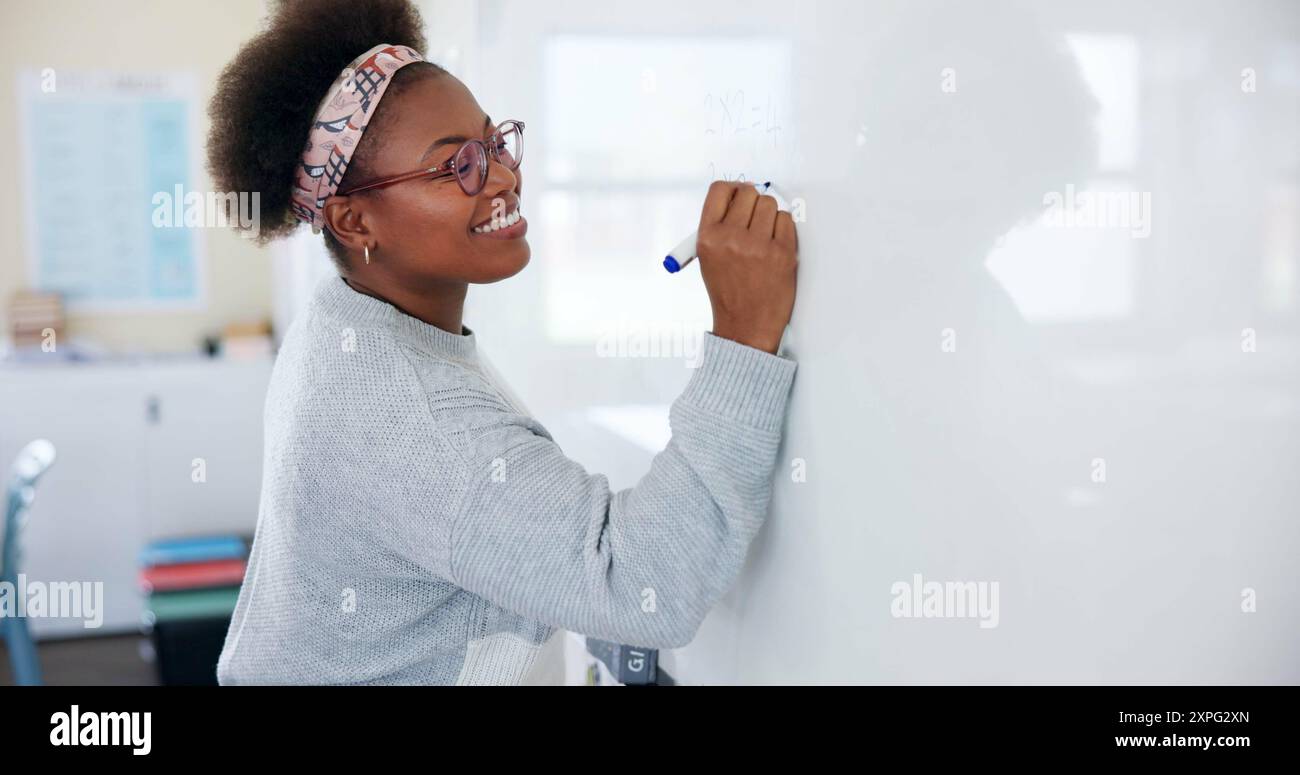 Education, black woman and teacher with whiteboard in classroom for ...