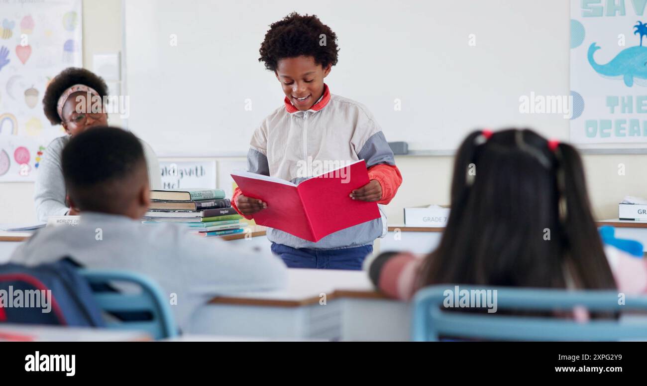 Class, child and reading presentation for learning, education or ...