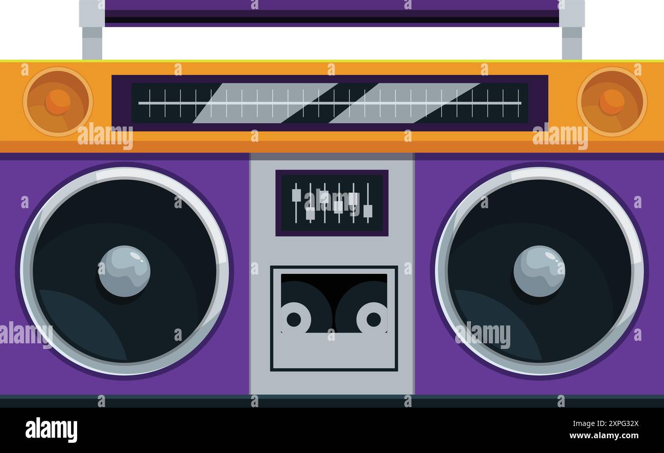 Purple and orange boombox with a cassette tape inside, playing music ...