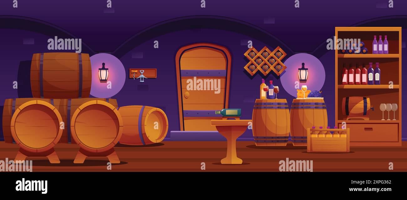 Wine cellar interior with wooden barrels, bottles and wooden shelf ...