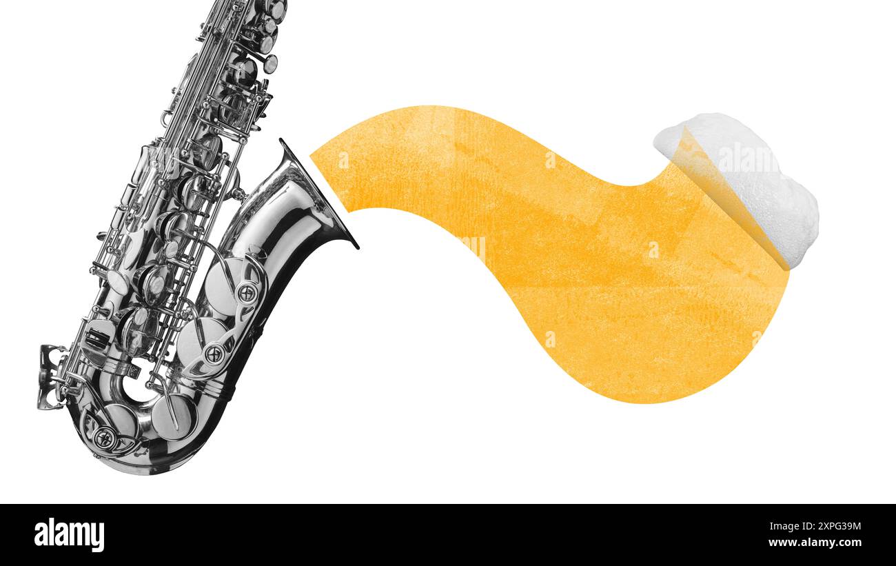 Poster. Contemporary art collage. Harmony of music and taste. Saxophone ...