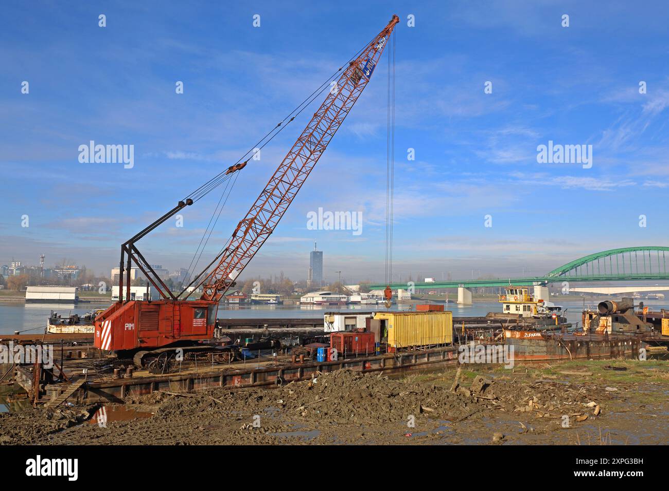 Belgrade, Serbia - December 19, 2014: Crawler Crane at Old Barge ...