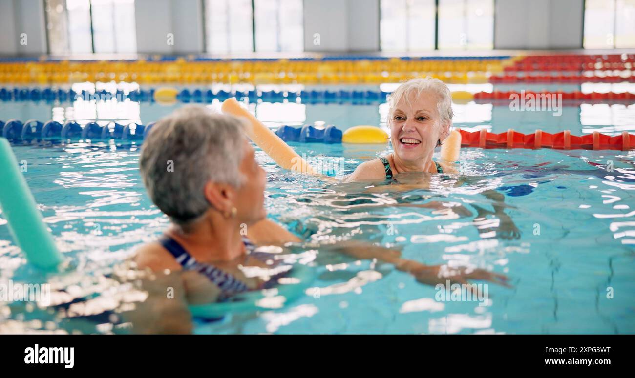 Smile, training and mature women in swimming pool for exercise, healthy ...