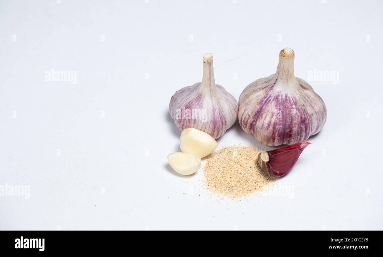 Garlic heads and cloves. garlic powder dry seasoning on white ...