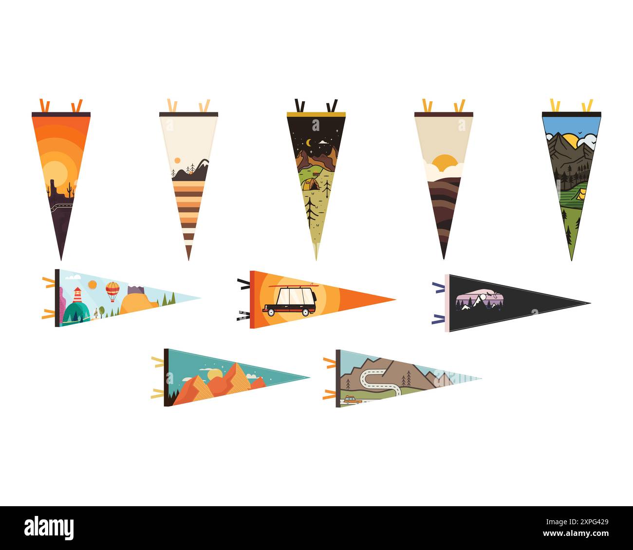 Camping adventure pennant flags design set. Outdoor hiking graphics ...