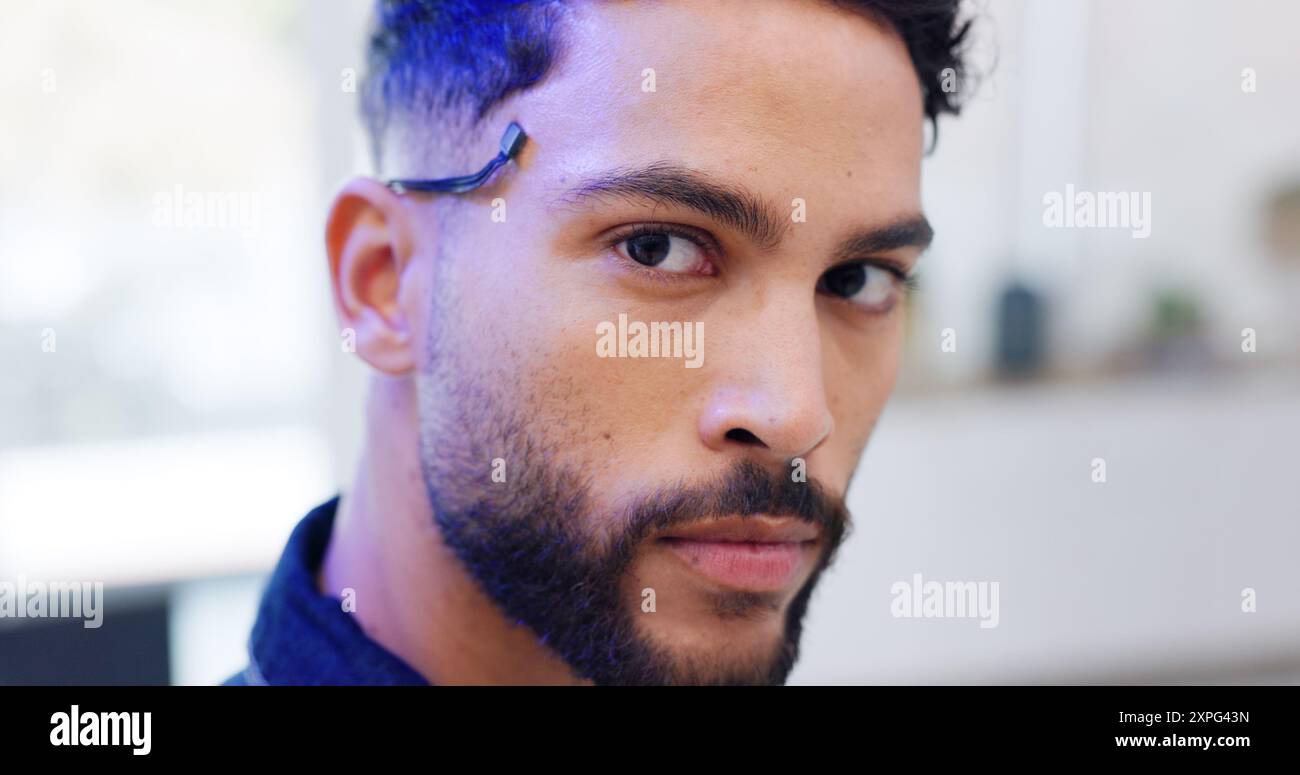 Face, man or microchip on head for brain science, futuristic neurology ...