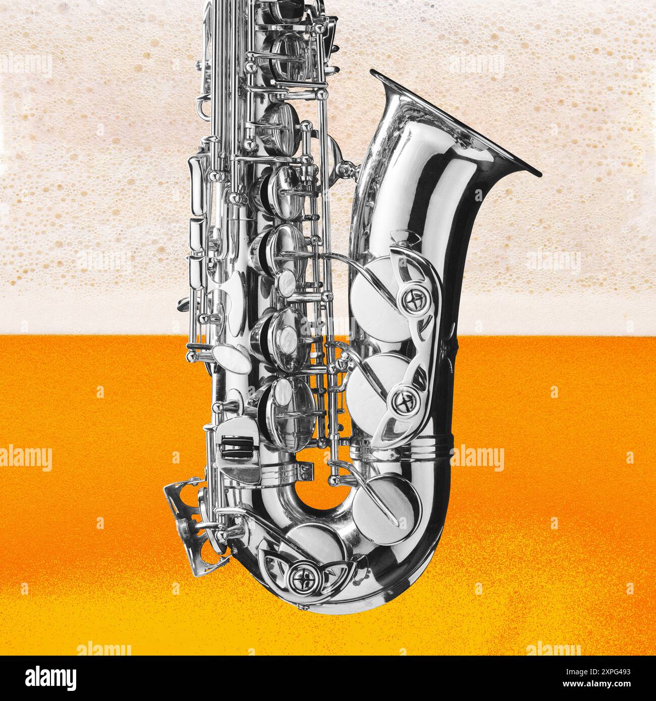 Poster. Contemporary art collage. Shiny saxophone set against backdrop ...