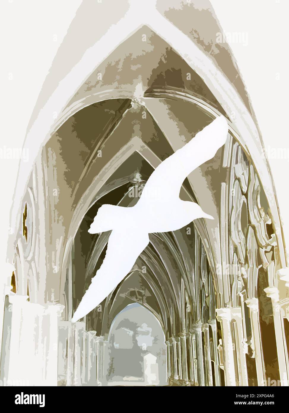 Concept art, outline of bird inside a church, with high ceiling & stone ...