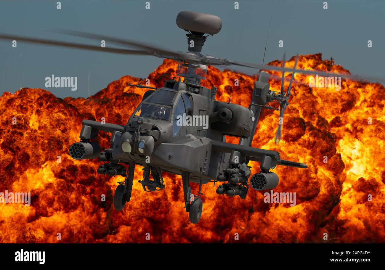 Boeing AH-64E Guardian attack helicopter during a combat mission Stock ...