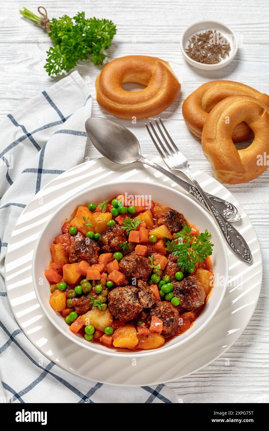 beef meatballs stew, sulu kofte, hearty dish with potatoes, carrot and ...