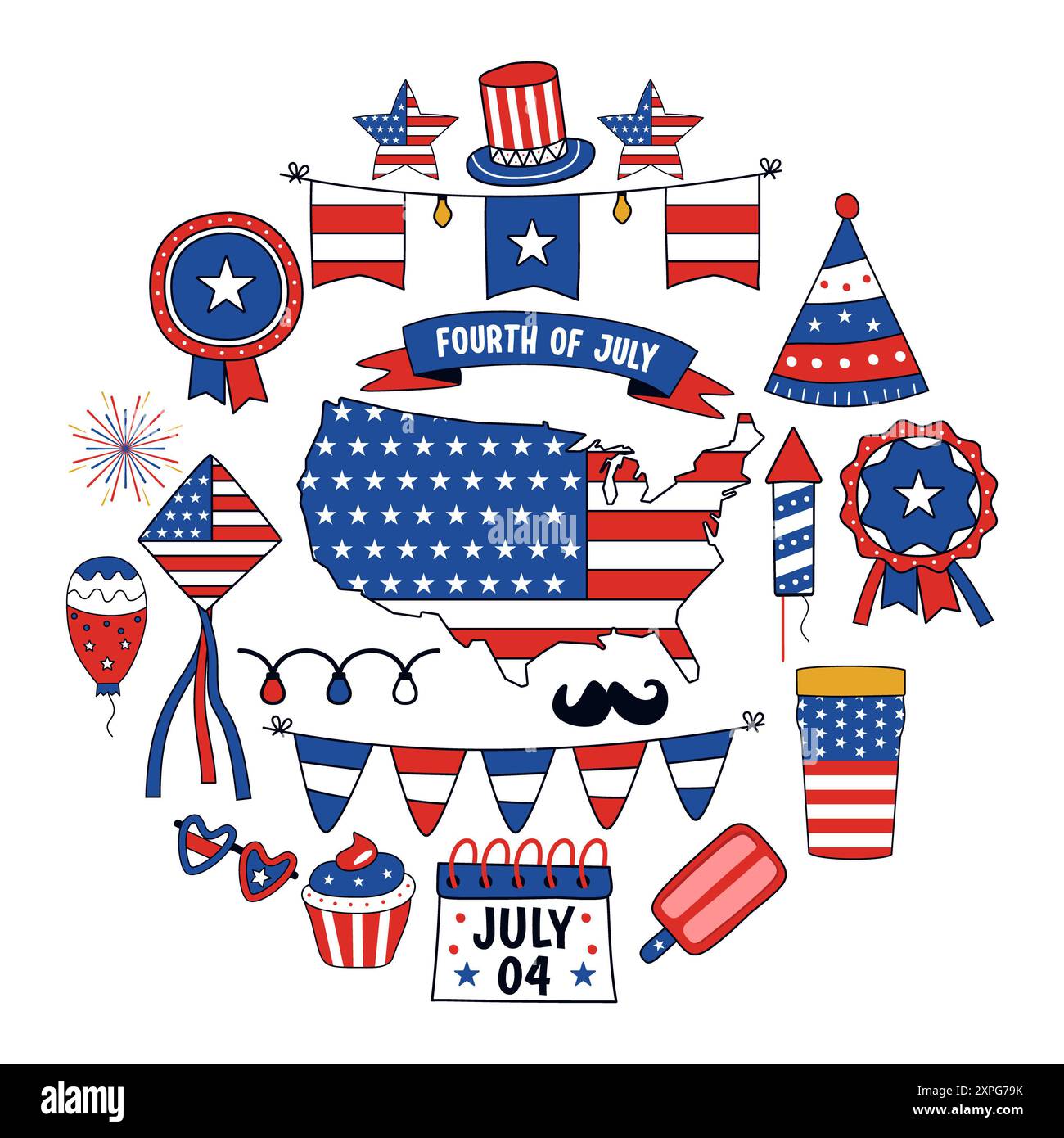 Set of 4th of July elements in round form. America Independence Day ...