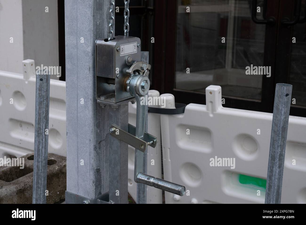 Close-up of a manual winch mechanism used for lifting and adjusting ...
