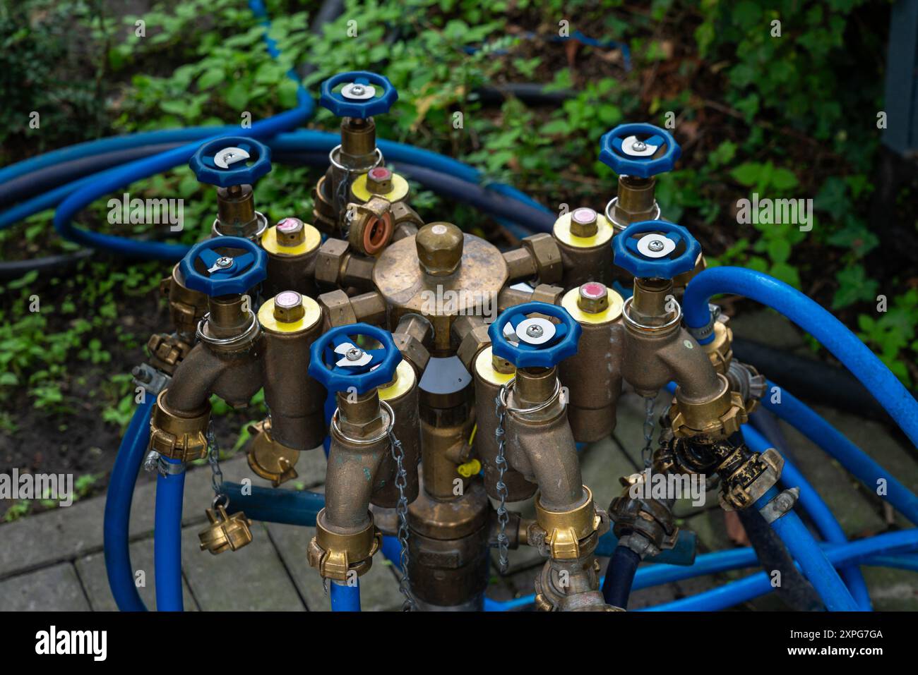 A detailed view of a brass water distribution system featuring multiple ...