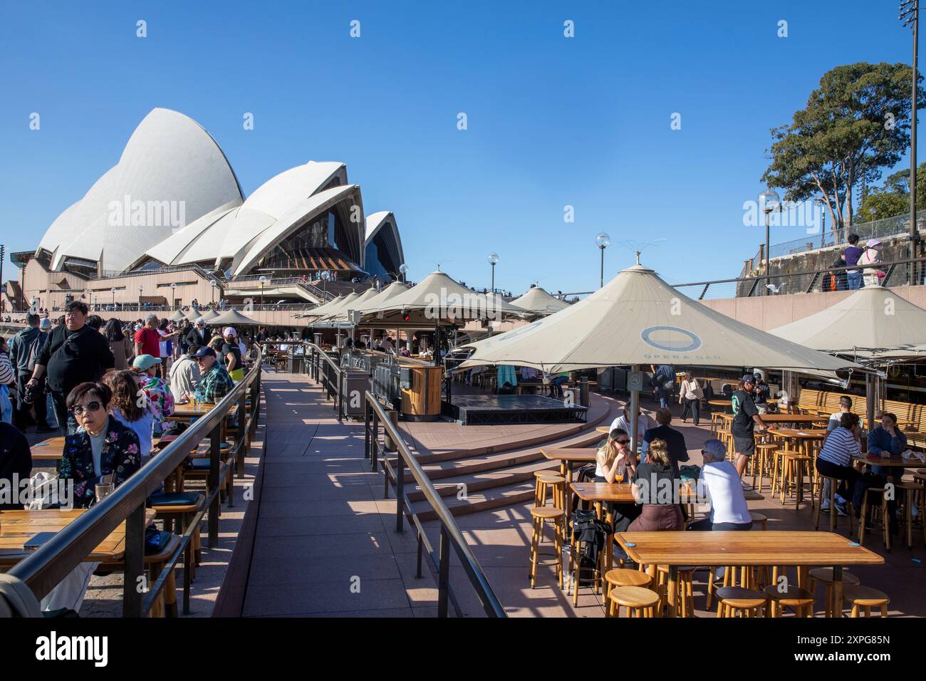 Sydney Opera House blue sky winters day, people relax and enjoy lunch ...