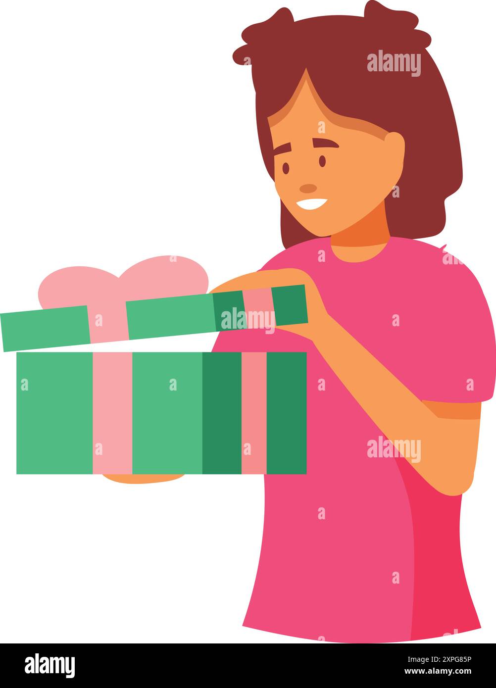 Happy young girl opening a green gift box with a pink ribbon, receiving ...
