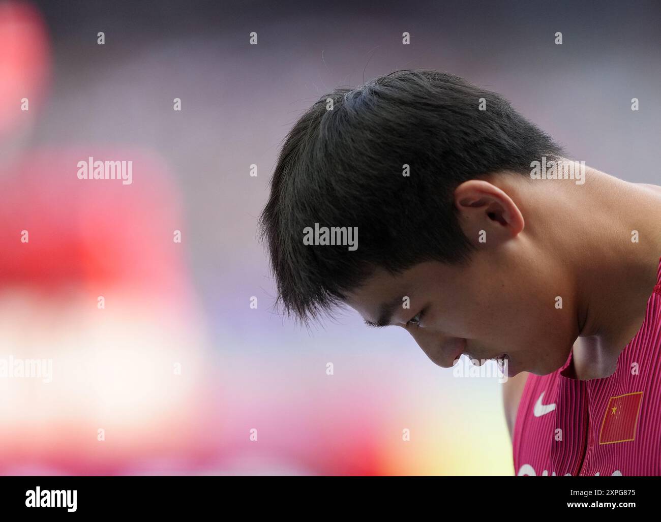 Paris, France. 6th Aug, 2024. Liu Junxi of China reacts after the men's 110m hurdles repechage ...