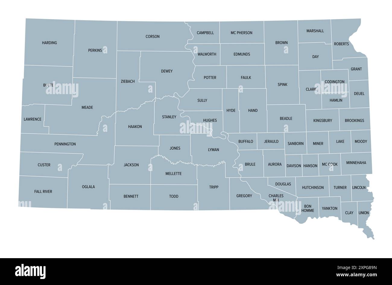 South Dakota, U.S. state, subdivided into 66 counties, gray political ...