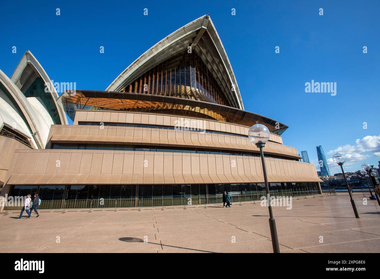 Sydney Opera house north facade, against a winters day blue sky, close ...