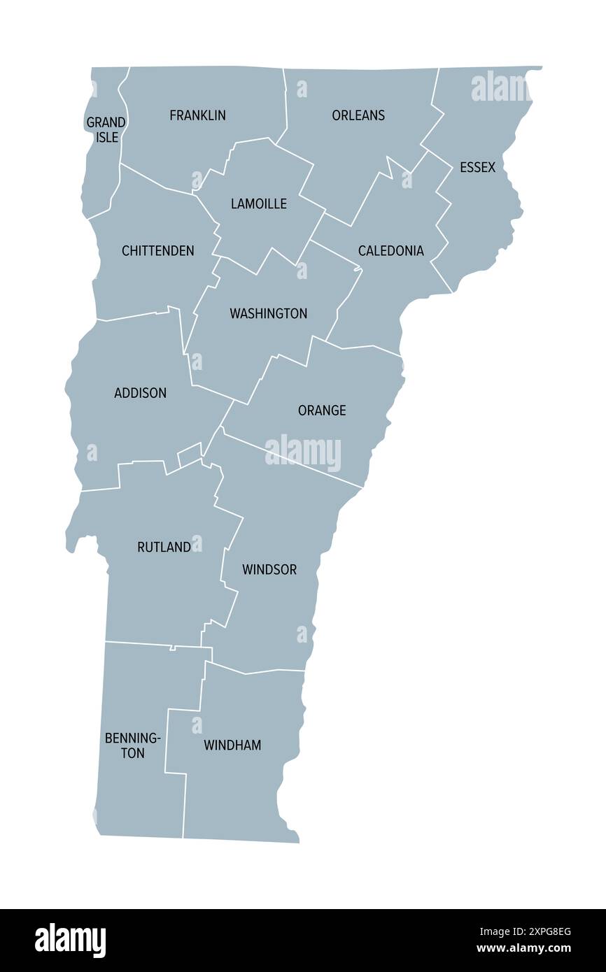 Vermont, U.S. state, subdivided into 14 counties, gray political map ...