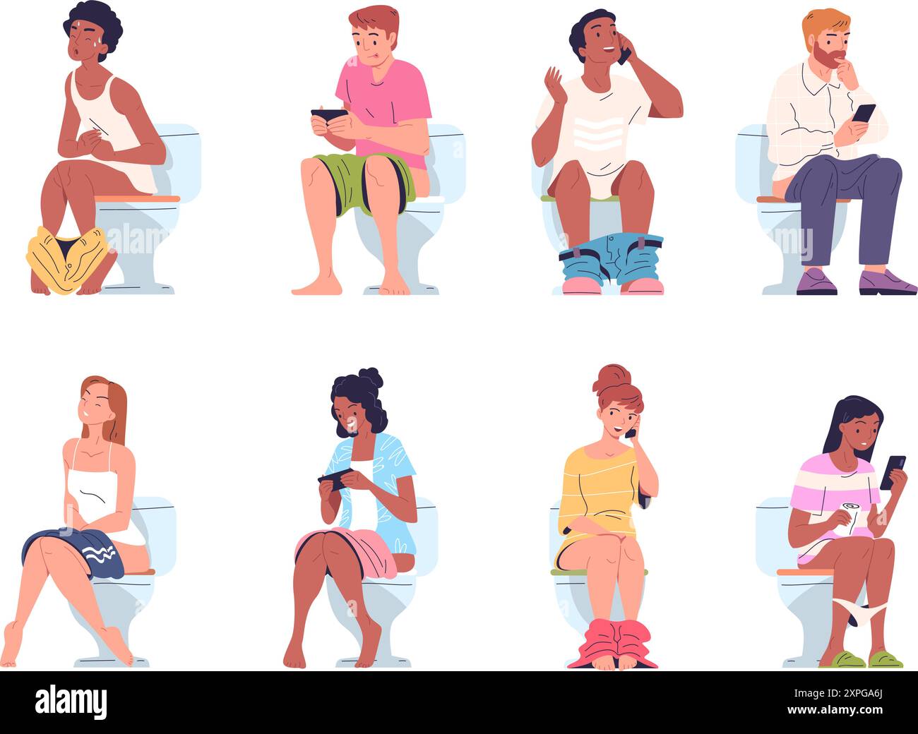 People on toilets with phones. Person read smartphone internet game, pooping peeing man woman in ...
