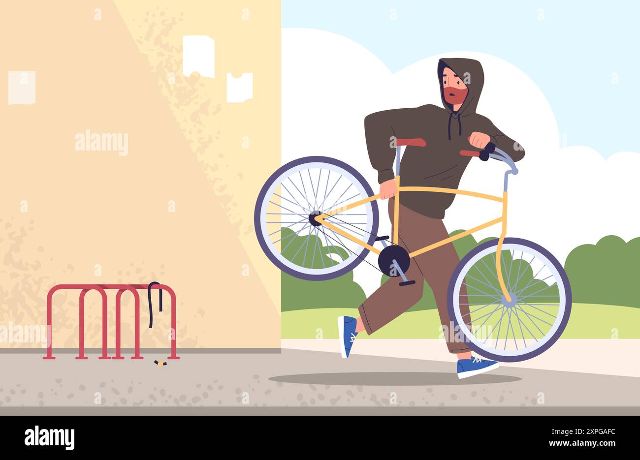 Bicycle thief. Running burglar man carrying stolen bike, theft steal cycle criminal break laws ...