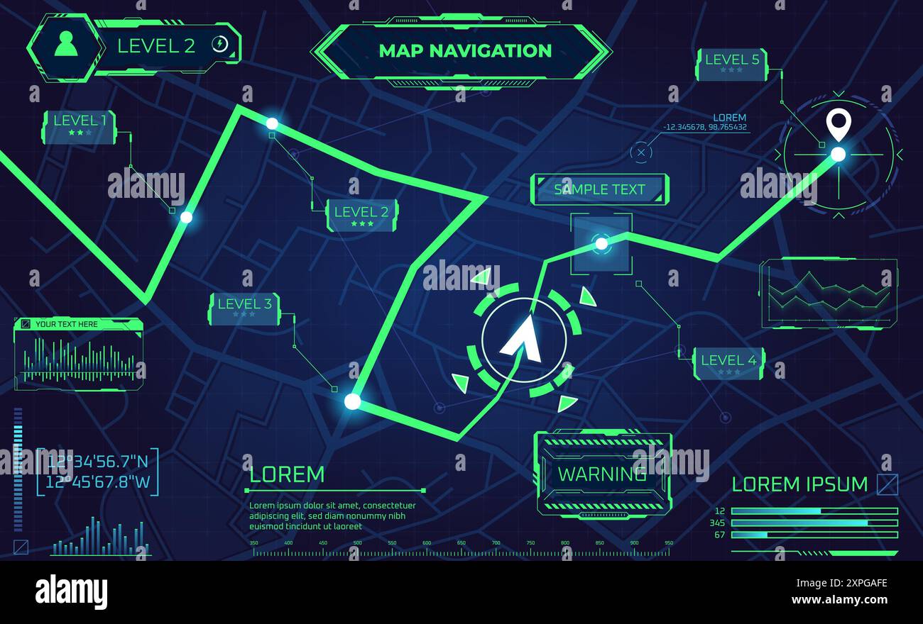 Navigation game map. Futuristic gaming interface, cartography plan infographic screen gps ...