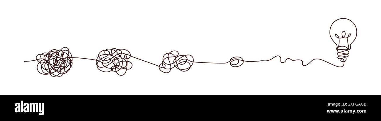 Solution concept of chaos in thoughts with hanging light bulbs with one glowing. Complex problem ...