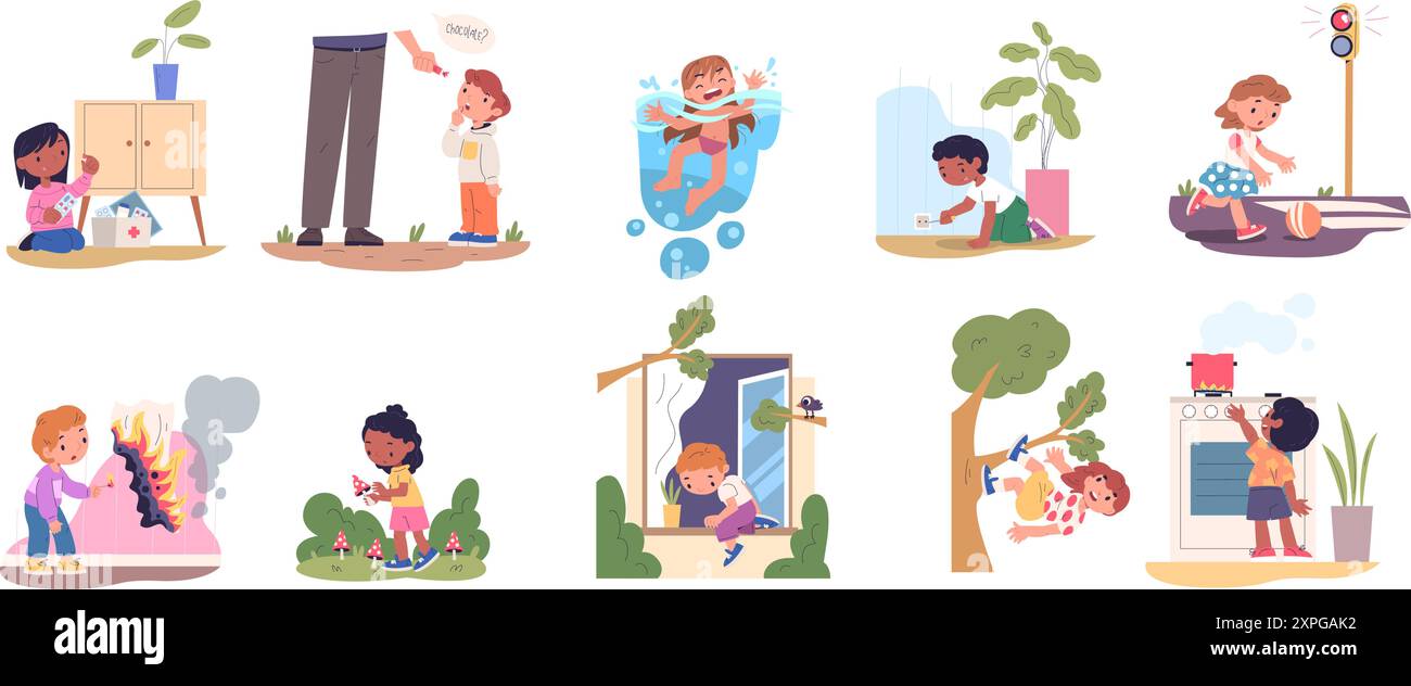 Children dangerous situation. Child bad behavior home alone, kids ...