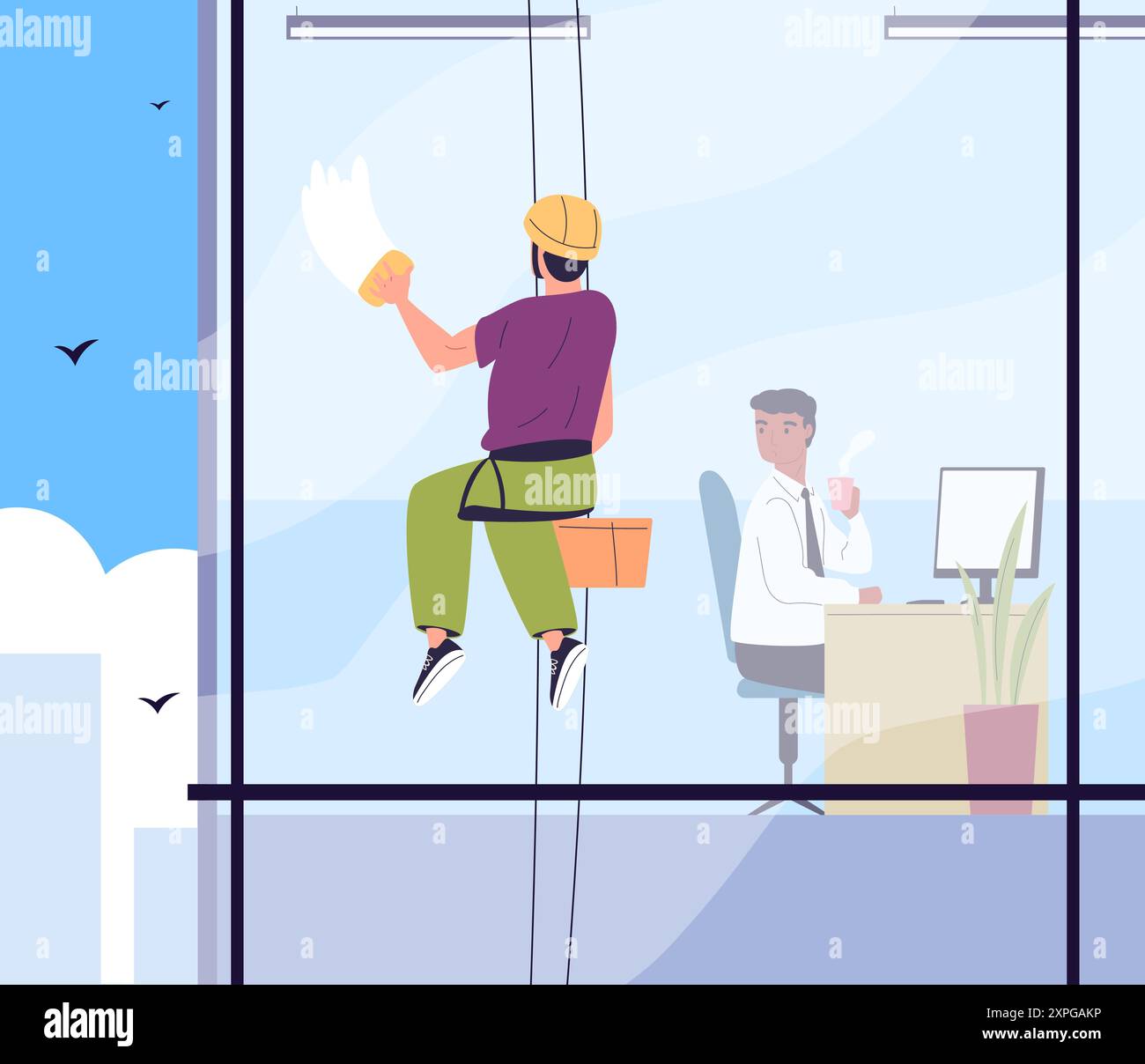 Industrial alpinists clean window. Climber cleaner worker hanging ...