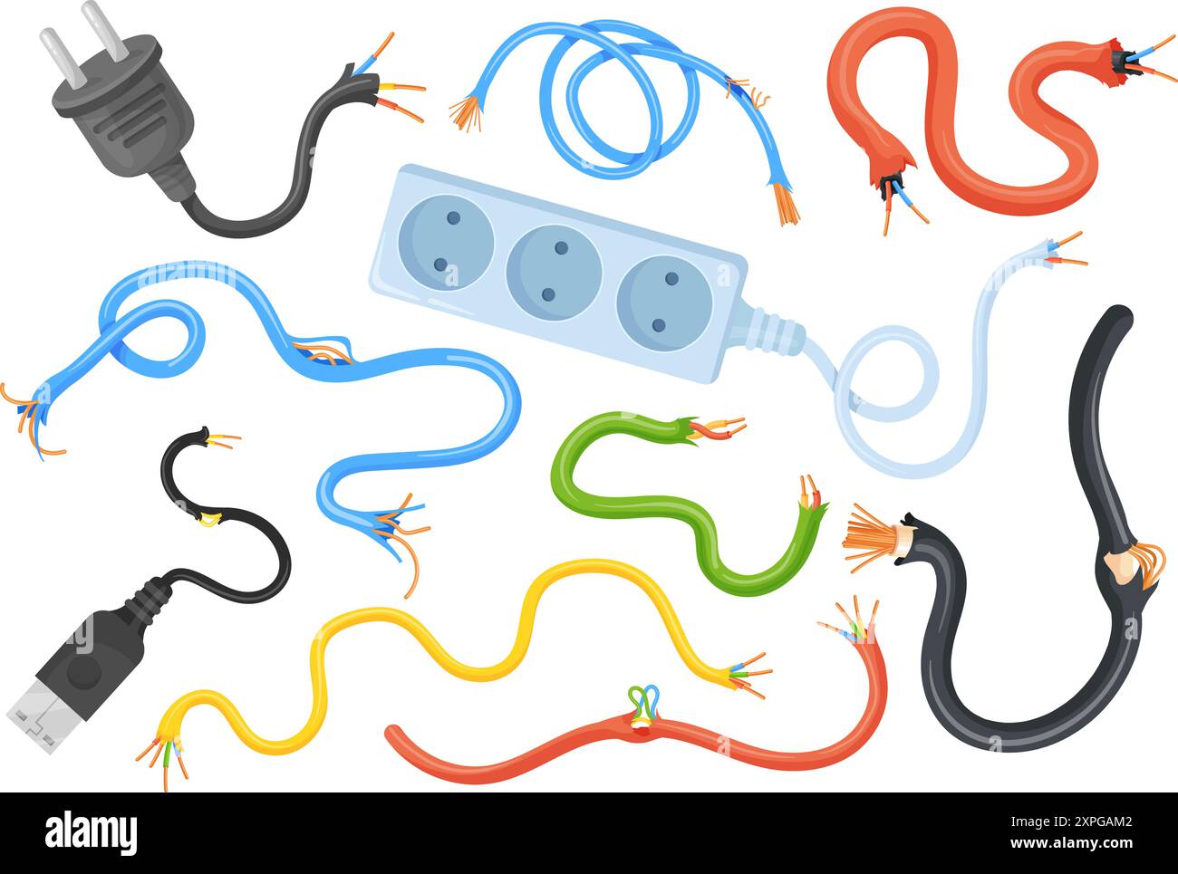 Broken cables. Damaged electric wire, torn copper cable connection cord ...