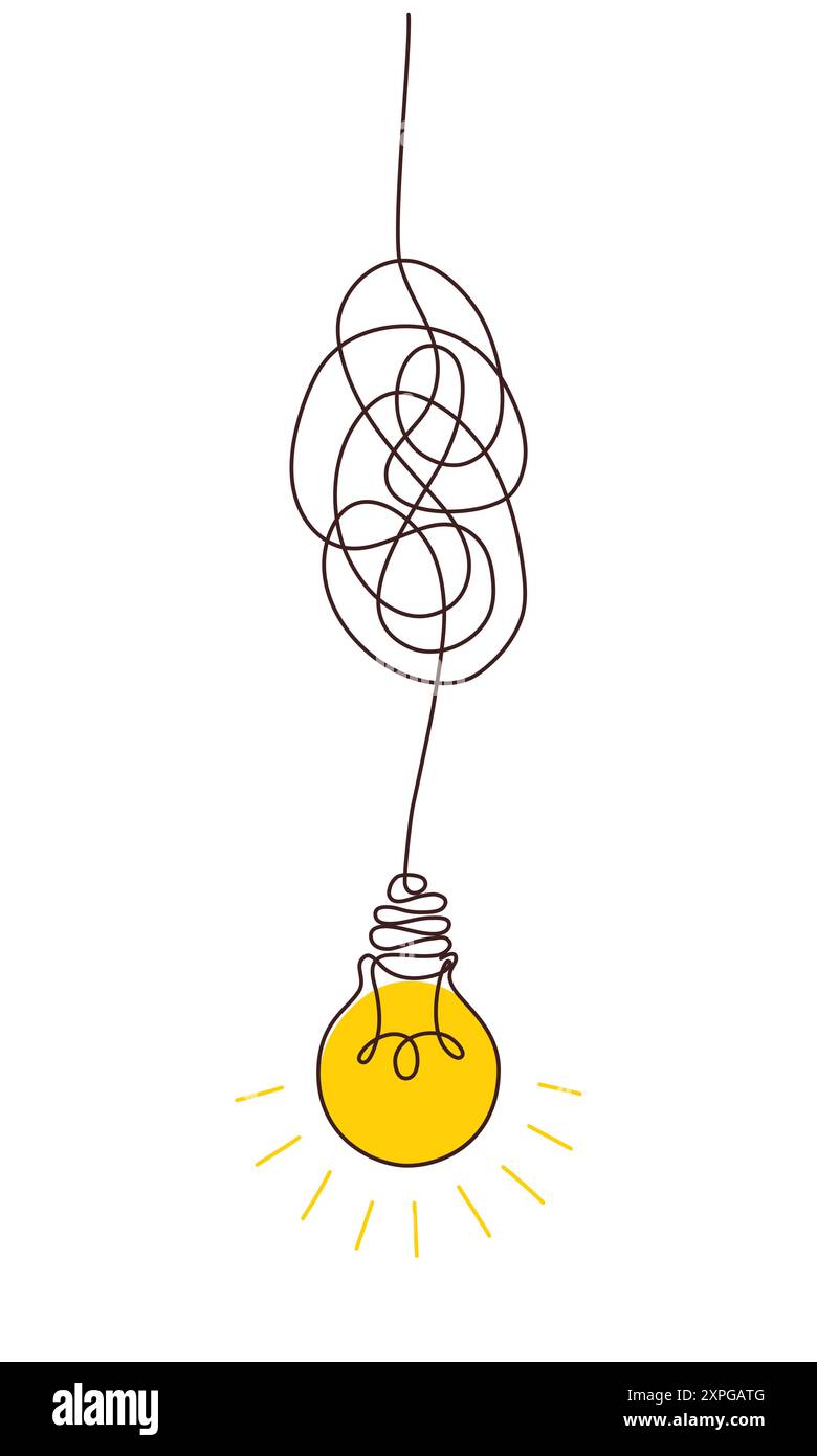 Solution concept of chaos in thoughts with hanging light bulbs with one ...