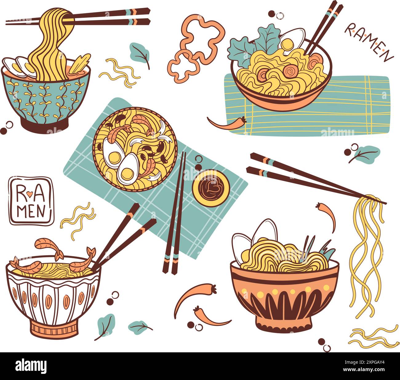 Doodle ramen noodles. Japanese korean chinese noodle food in bowls ...