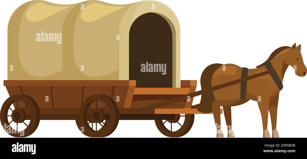 Brown horse pulling covered wagon on white background Stock Vector ...