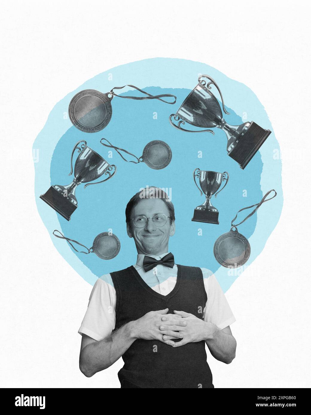 Smiling man in suit standing with trophies and medals flying around ...