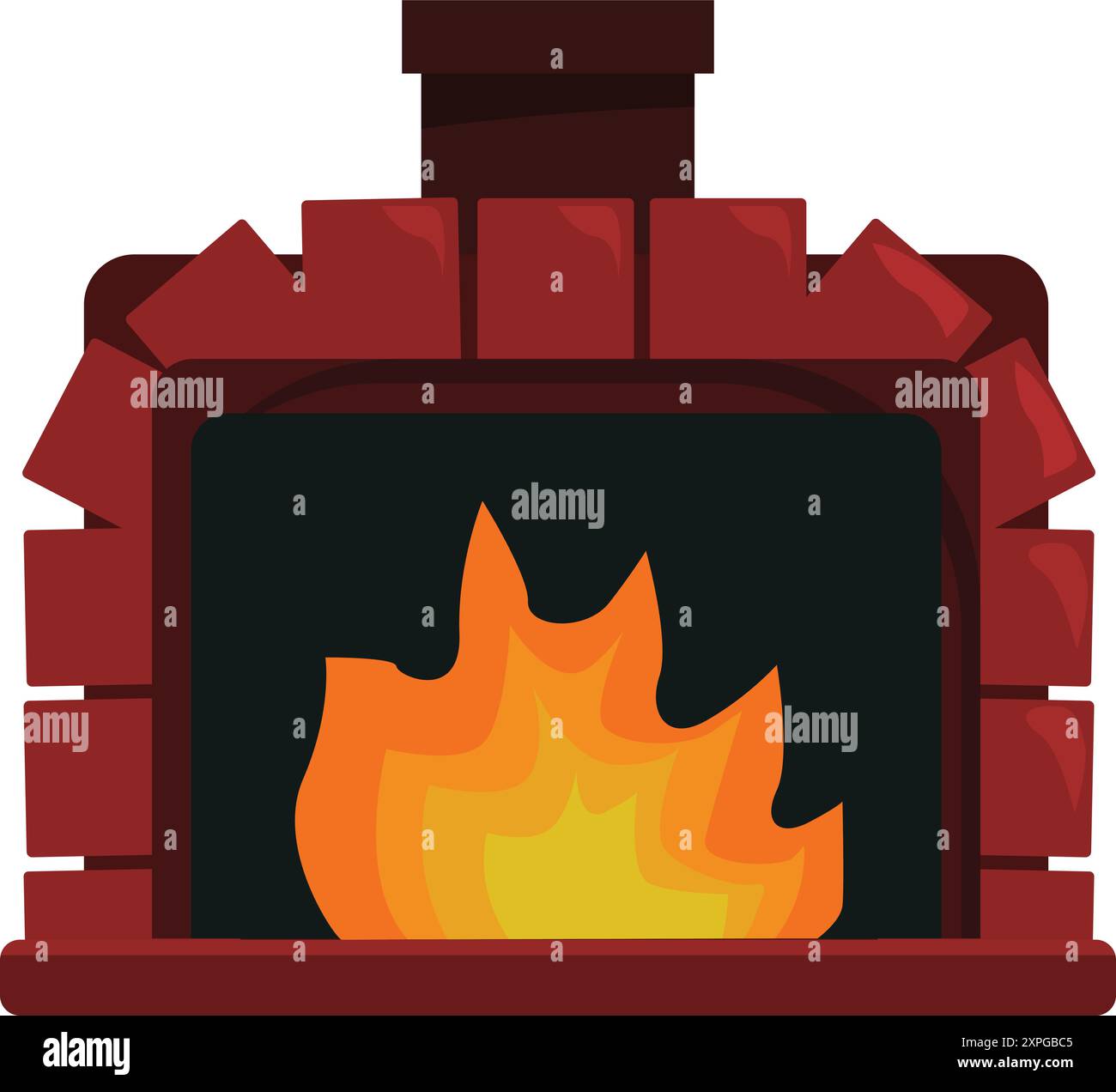 Classic red brick fireplace is burning with large yellow and orange ...