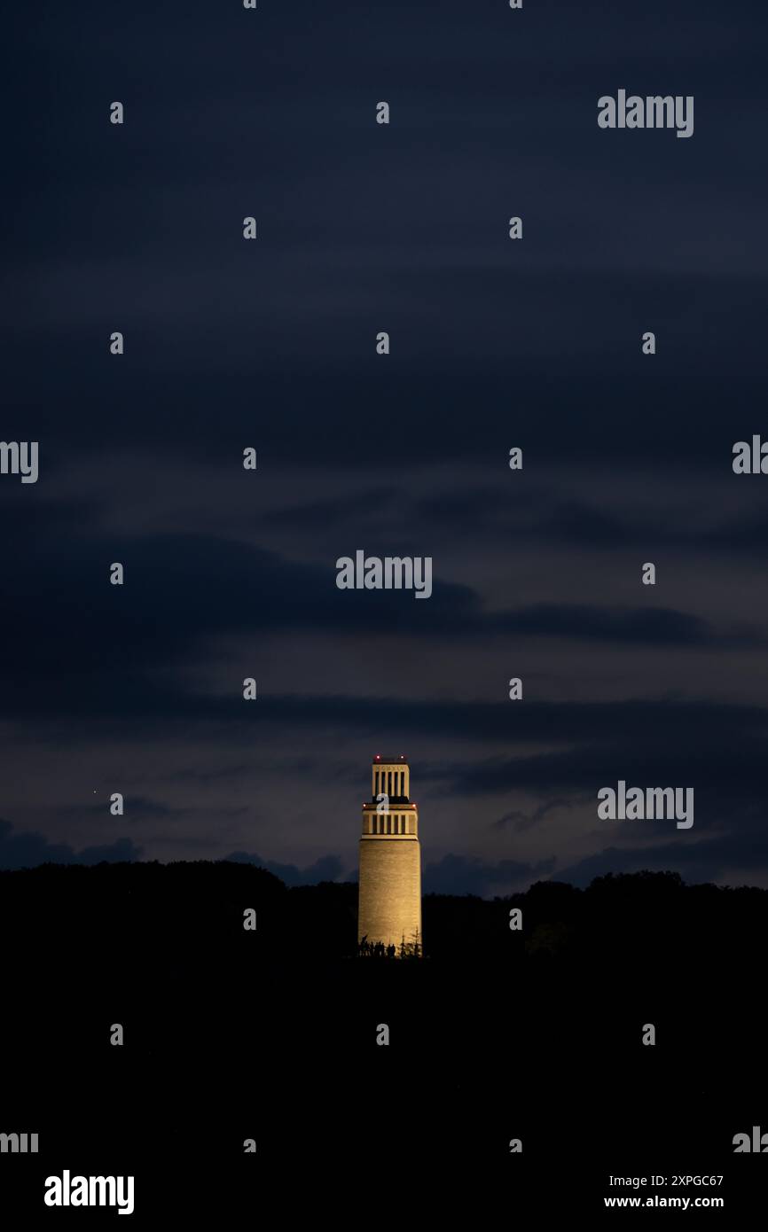 Illuminated Buchenwald Memorial Tower, on Freedom Square near Weimar ...