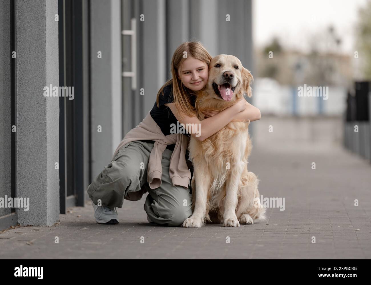 Girl Hugs Golden Retriever Sitting On Street In Summer Stock Photo - Alamy