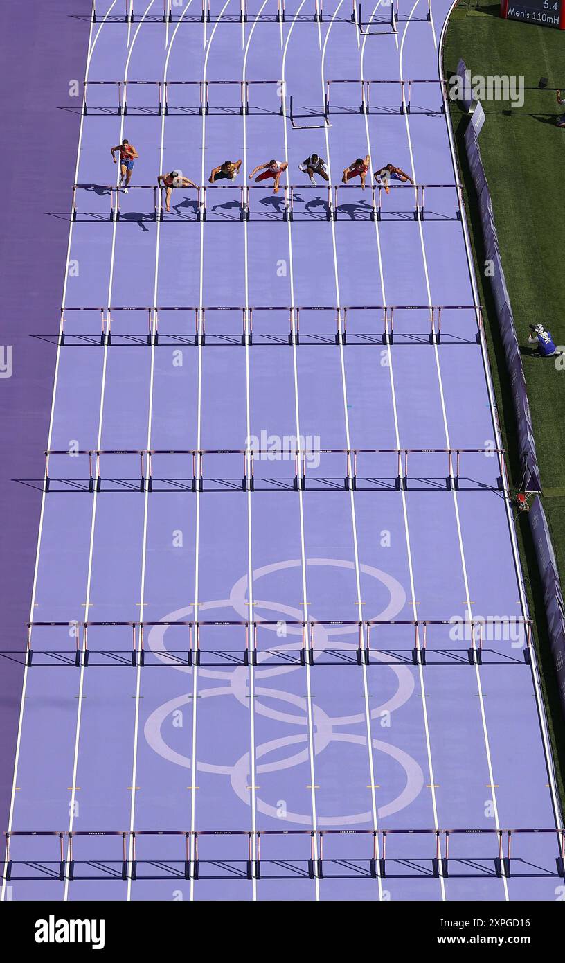 Paris, France. 6th Aug, 2024. Athletes compete during the men's 110m ...