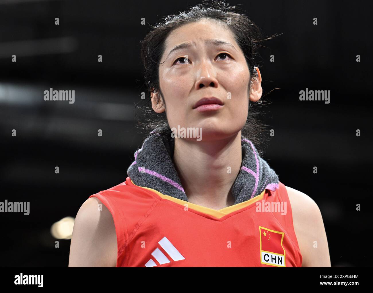 Paris, France. 6th Aug, 2024. Zhu Ting of China reacts after the women's quarterfinal match of ...
