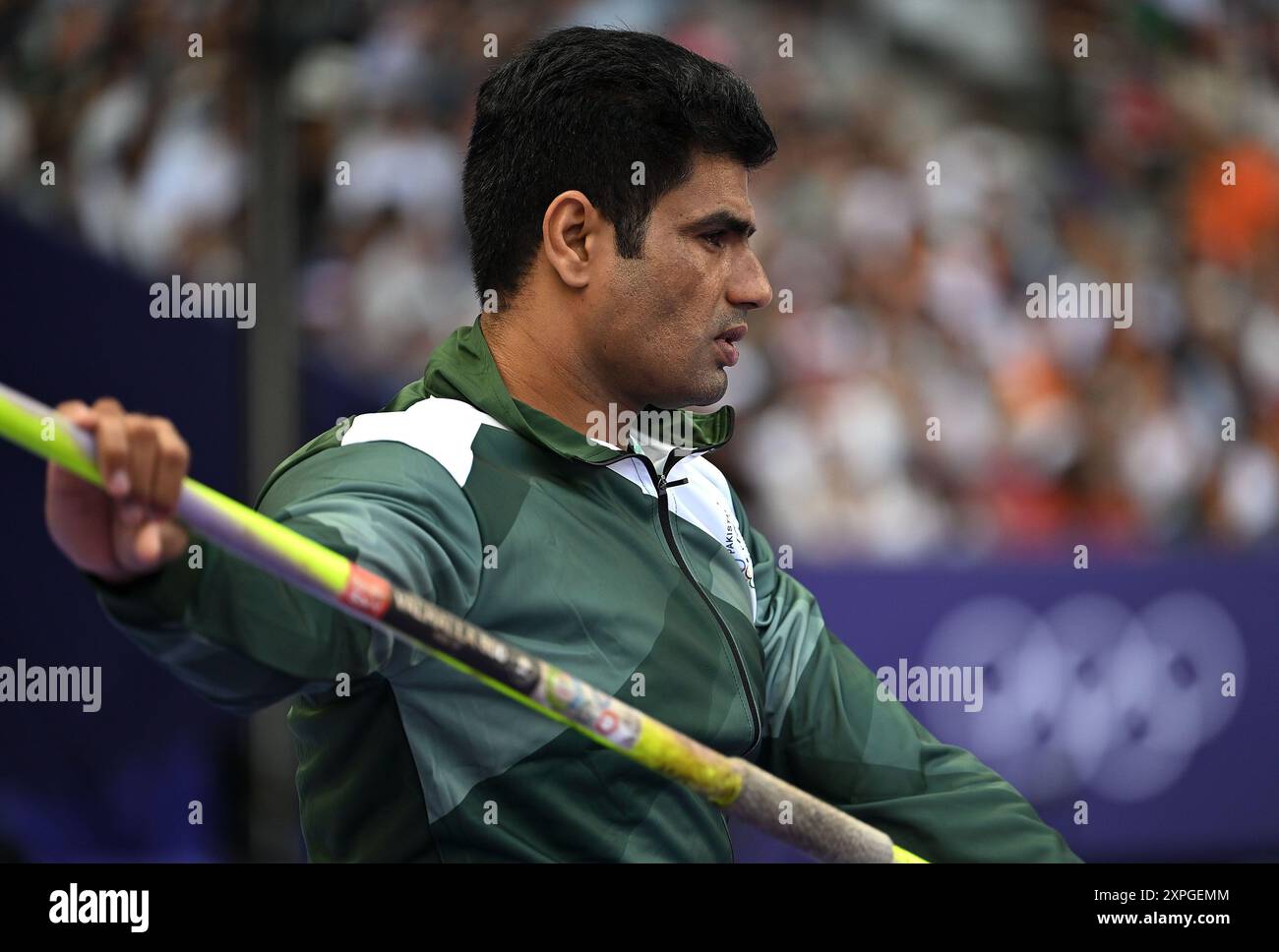 Paris, France. 6th Aug, 2024. Arshad Nadeem of Pakistan reacts before ...