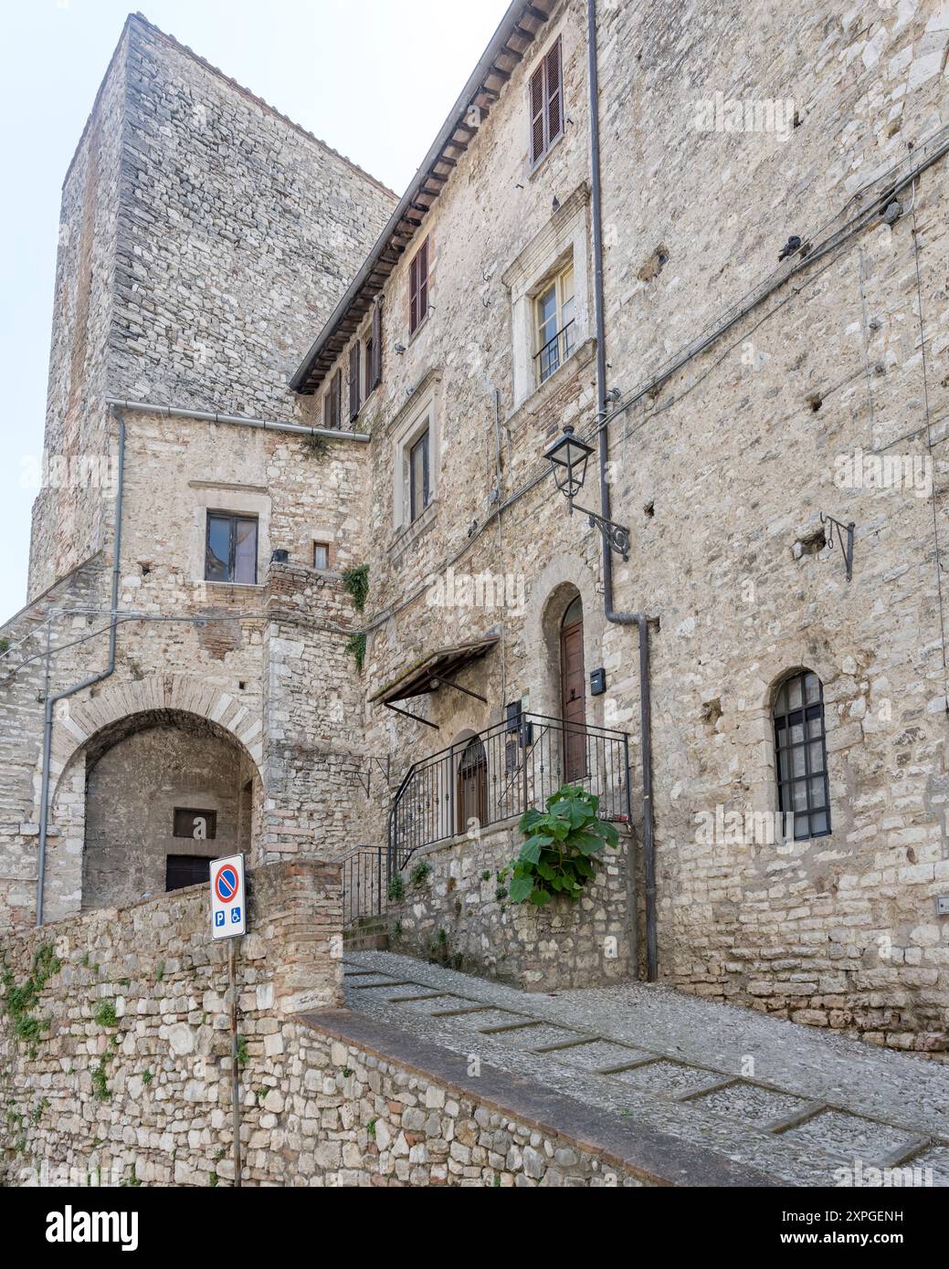 cityscape with stone ramp and medieval tall houses at historical ...